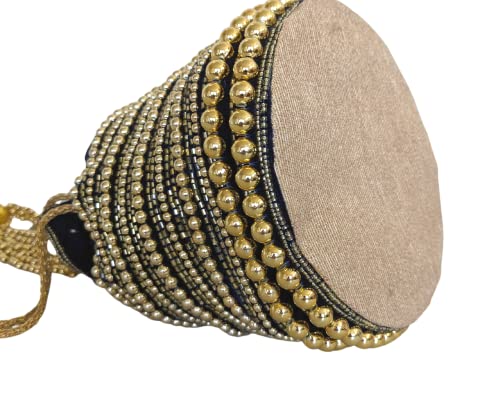 Indian Potli Bag, Bucket Bag Embellished With Golden Motifs For Parties, Weddings, Brides, Festivals, Velvet Purse (Navy)