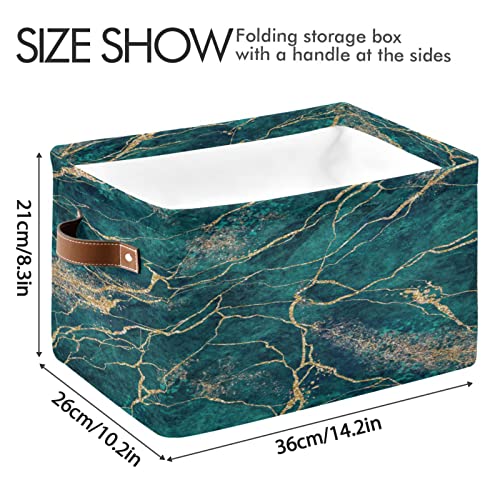 Kigai Collapsible Storage Basket with Handles, Gold Green Marble Canvas Fabric Storage Bins Toys Clothes Organizer for Bedroom, Nursery, Shelves, Closets (2PACK)