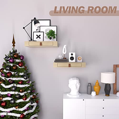 Floating Shelf with Drawer, Floating Nightstand for Bedroom - 16” Wall Mounted Shelf Storage for Living Room, Bedroom, Office Floating Bedside Table (Natural)