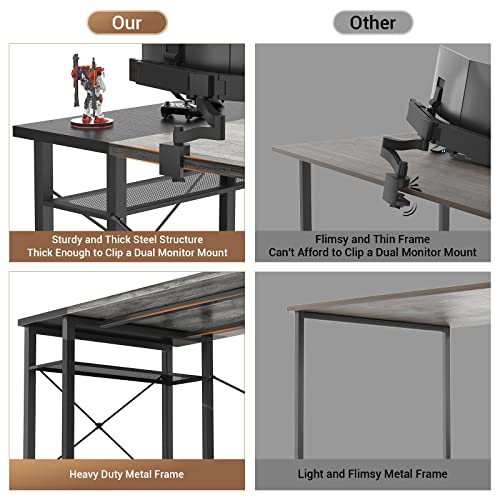 armocity Computer Desk with LED Lights, 48 Inch Desk with Power Outlet and USB, Reversible Large Desk with Moveable Monitor Stand, 48'' Gaming PC Table for Home Office, Workstation, Grey and Black