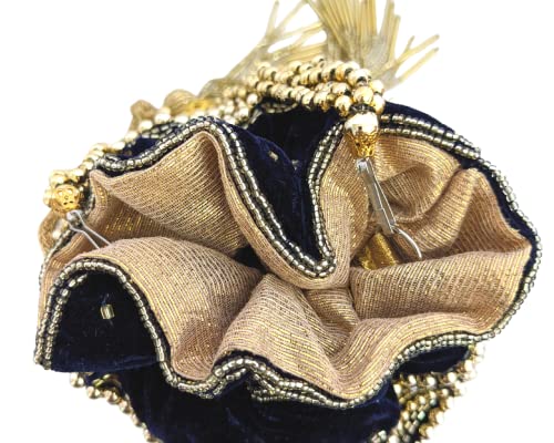 Indian Potli Bag, Bucket Bag Embellished With Golden Motifs For Parties, Weddings, Brides, Festivals, Velvet Purse (Navy)
