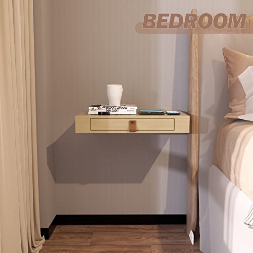 Floating Shelf with Drawer, Floating Nightstand for Bedroom - 16” Wall Mounted Shelf Storage for Living Room, Bedroom, Office Floating Bedside Table (Natural)