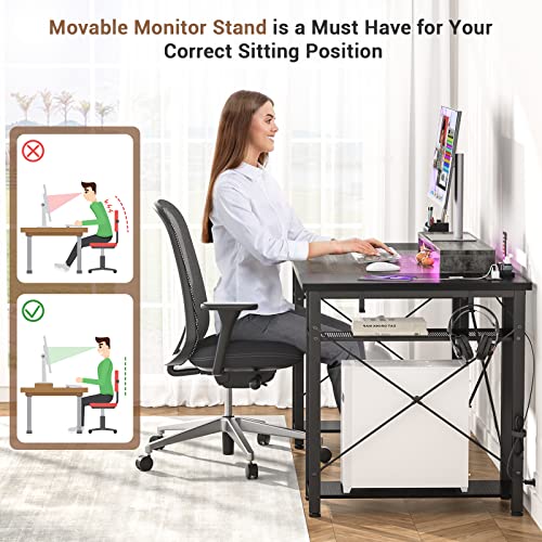 armocity Computer Desk with LED Lights, 48 Inch Desk with Power Outlet and USB, Reversible Large Desk with Moveable Monitor Stand, 48'' Gaming PC Table for Home Office, Workstation, Grey and Black
