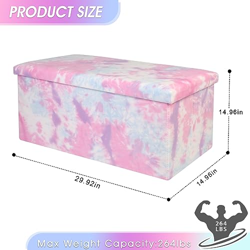 STORAGEPLUS 30 Inches Large Storage Ottoman Bench for Bedroom, Soft Cotton Fabric Tie Dye Foot Rest Stool with Premium Sponge Padded, Folding Ottoman Coffee Table with Storage for Living Room