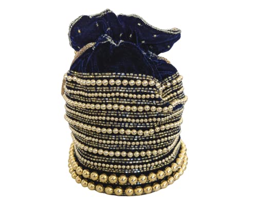 Indian Potli Bag, Bucket Bag Embellished With Golden Motifs For Parties, Weddings, Brides, Festivals, Velvet Purse (Navy)