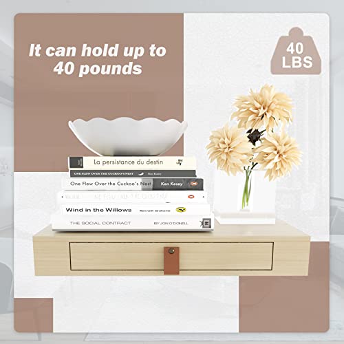 Floating Shelf with Drawer, Floating Nightstand for Bedroom - 16” Wall Mounted Shelf Storage for Living Room, Bedroom, Office Floating Bedside Table (Natural)