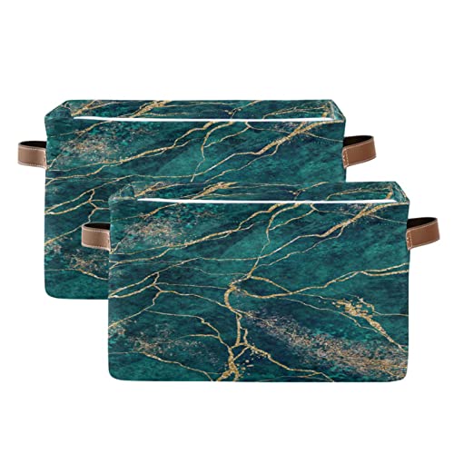 Kigai Collapsible Storage Basket with Handles, Gold Green Marble Canvas Fabric Storage Bins Toys Clothes Organizer for Bedroom, Nursery, Shelves, Closets (2PACK)