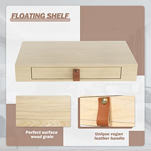 Floating Shelf with Drawer, Floating Nightstand for Bedroom - 16” Wall Mounted Shelf Storage for Living Room, Bedroom, Office Floating Bedside Table (Natural)