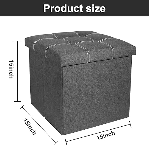 Mrcrypos Storage Ottoman Cube 15 Inch Dark Gray Storage Ottoman Linen Fabric Folding Small Ottoman Footrest Seat Suitable for Living Room Bedroom 15"x15"x15"