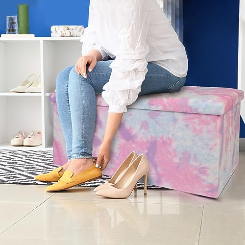 STORAGEPLUS 30 Inches Large Storage Ottoman Bench for Bedroom, Soft Cotton Fabric Tie Dye Foot Rest Stool with Premium Sponge Padded, Folding Ottoman Coffee Table with Storage for Living Room