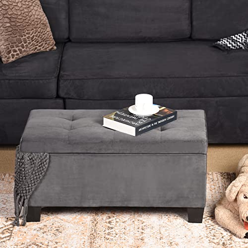 Homy Casa 30'' Storage Ottoman Tufted Velvet Ottoman Bench Upholstered Ottoman with Storage/Lid/Hinge, Modern Foot Rest Stool for Living Room Bedroom Entryway, Grey