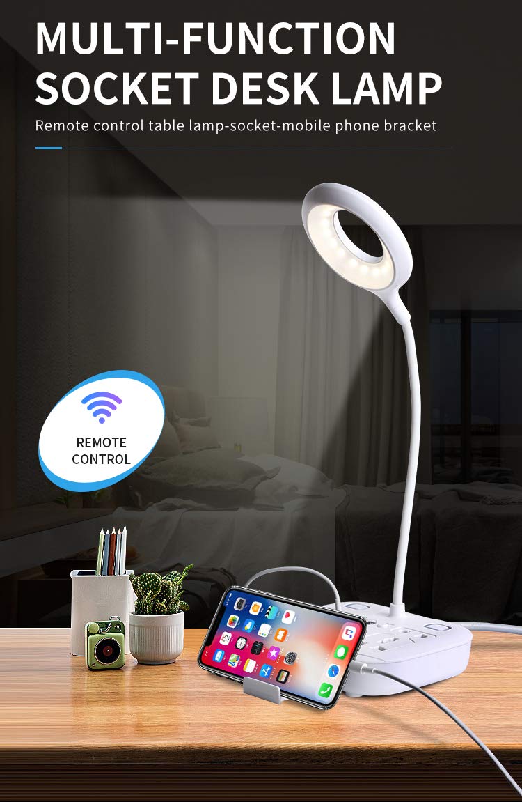 Nsiucion LED Desk Lamp, Adjustable Table Lamp Light with Remote Control, Eye-Caring Dimmable Office Lamp with 2 USB Charging Ports, 4 AC Power Outlets, Phone Stand, Multi Brightness Levels-White