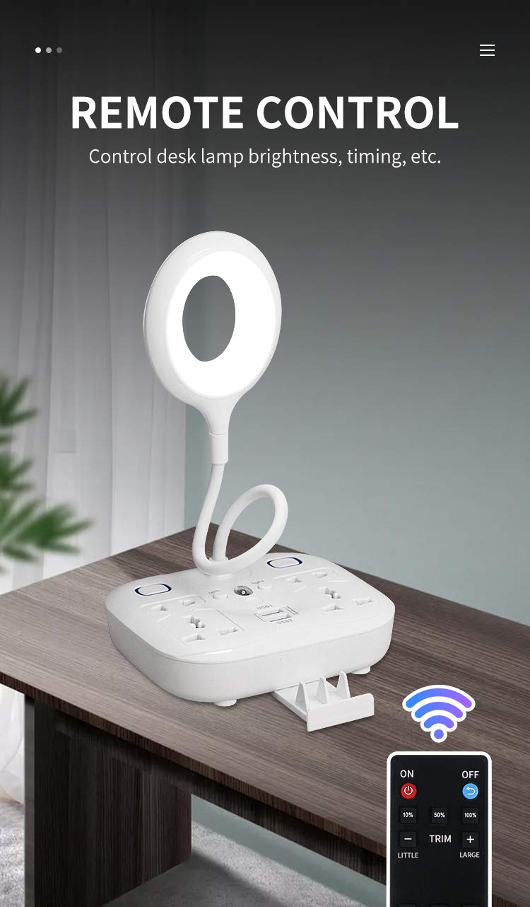 Nsiucion LED Desk Lamp, Adjustable Table Lamp Light with Remote Control, Eye-Caring Dimmable Office Lamp with 2 USB Charging Ports, 4 AC Power Outlets, Phone Stand, Multi Brightness Levels-White