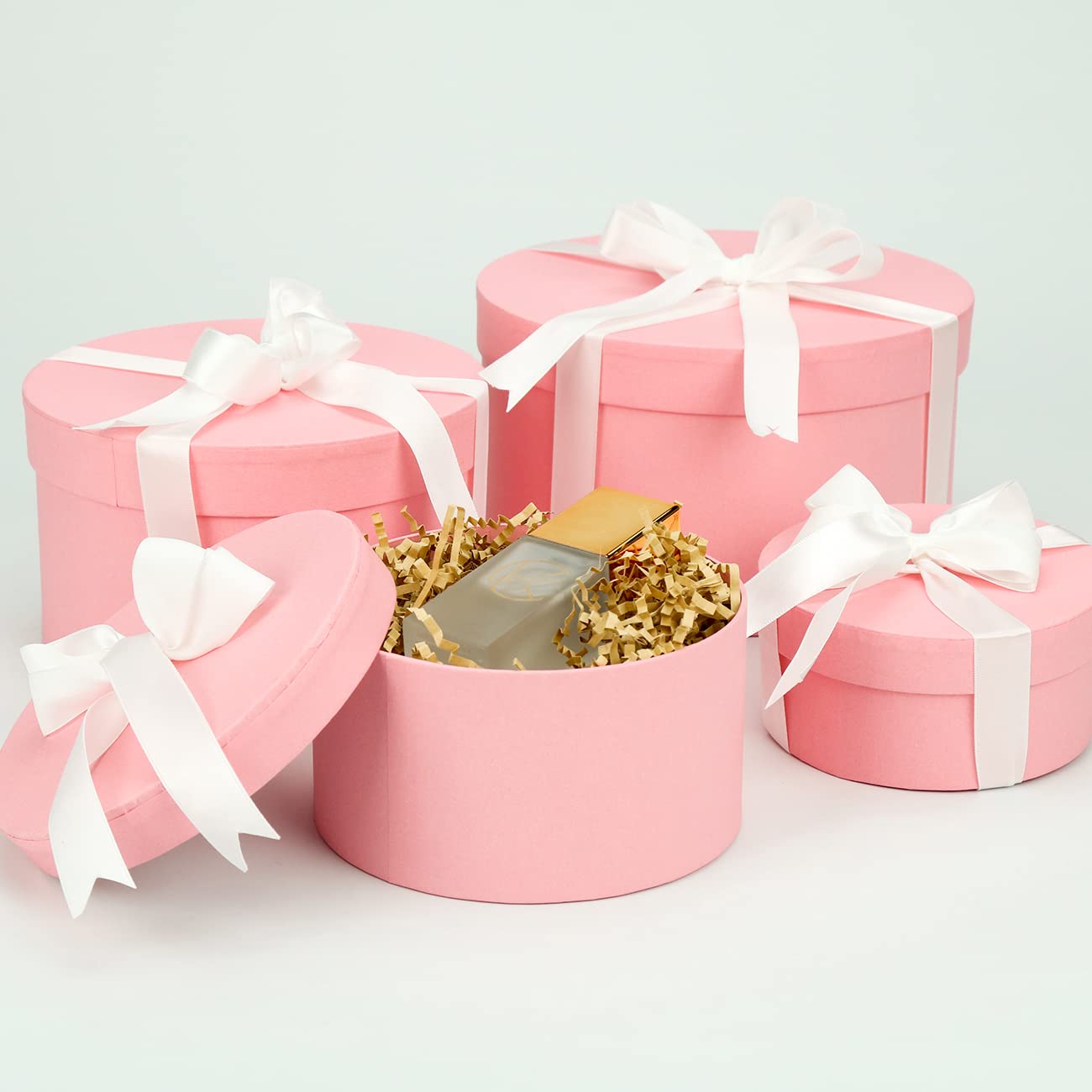 Bengnkes Round Gift Box Black Gift Boxes with Lids for Presents 4 Packs Luxury Nesting Gift Boxes Small with 17ft Ribbon for Bridesmaid Valentines Mother's day Graduation