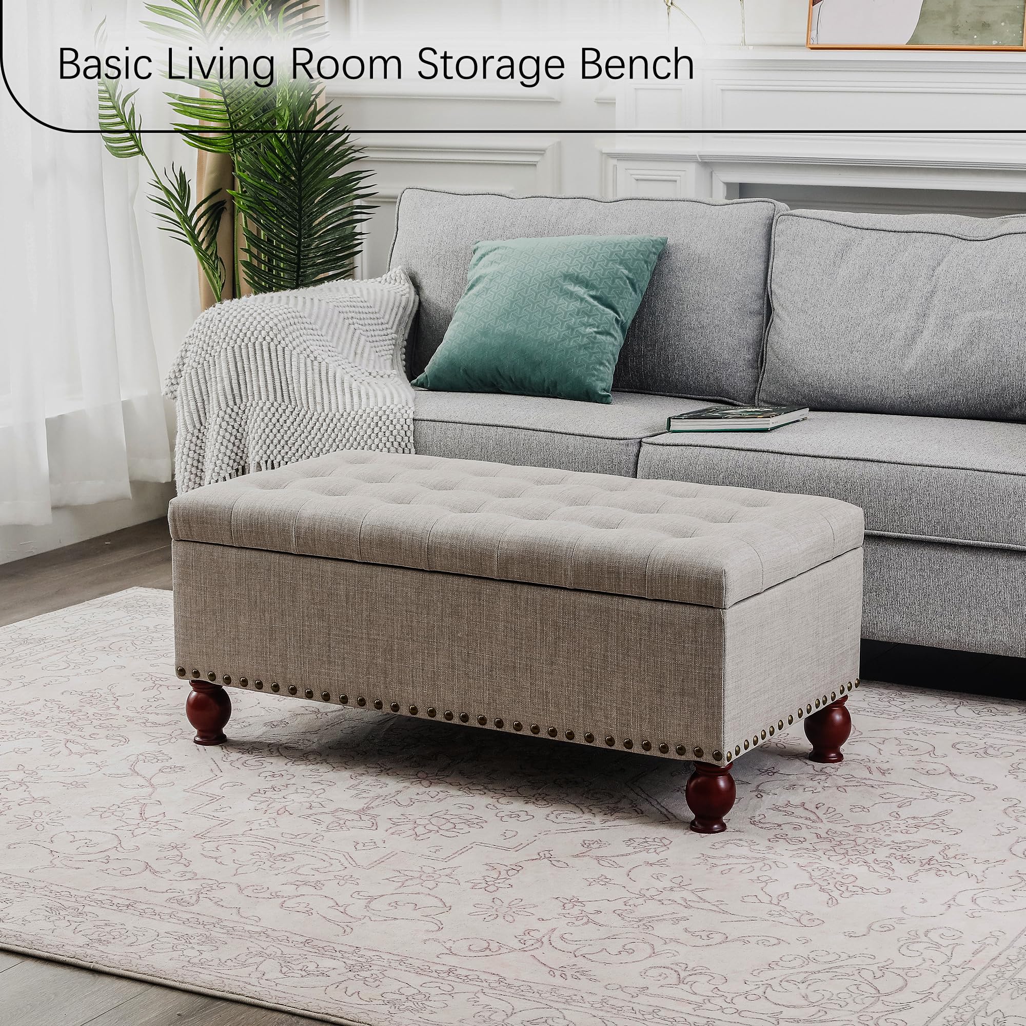Asense Storage Ottoman Bench, 40'' Linen Fabric Rectangle Upholstered Bench with Hinged Lid for End Foot of Bed, Living Room, Bedroom, Noble Light Gray