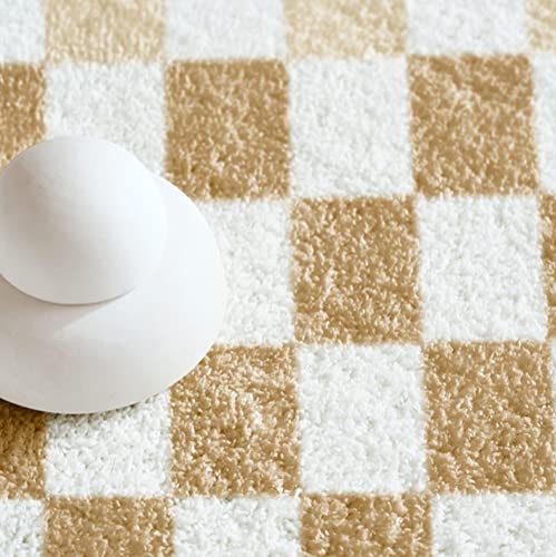 White Brown Retro Round Checkered Area Rug for Living Room Bedroom Playroom Washable Soft Wool Plush Throw Circle Carpet Under Dining Table Beside Bed Chair Runner Rug 7ft