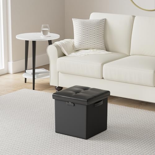 ENGPOW Storage Ottoman,Fireproof & Waterproof Folding Ottoman Cube Storage Stool with Lock,Leather Square Ottoman Storage Chest Safe for Living Room, Bedroom, Home Office,Dorm,15"x15"x15",Black