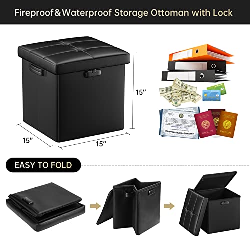 ENGPOW Storage Ottoman,Fireproof & Waterproof Folding Ottoman Cube Storage Stool with Lock,Leather Square Ottoman Storage Chest Safe for Living Room, Bedroom, Home Office,Dorm,15"x15"x15",Black