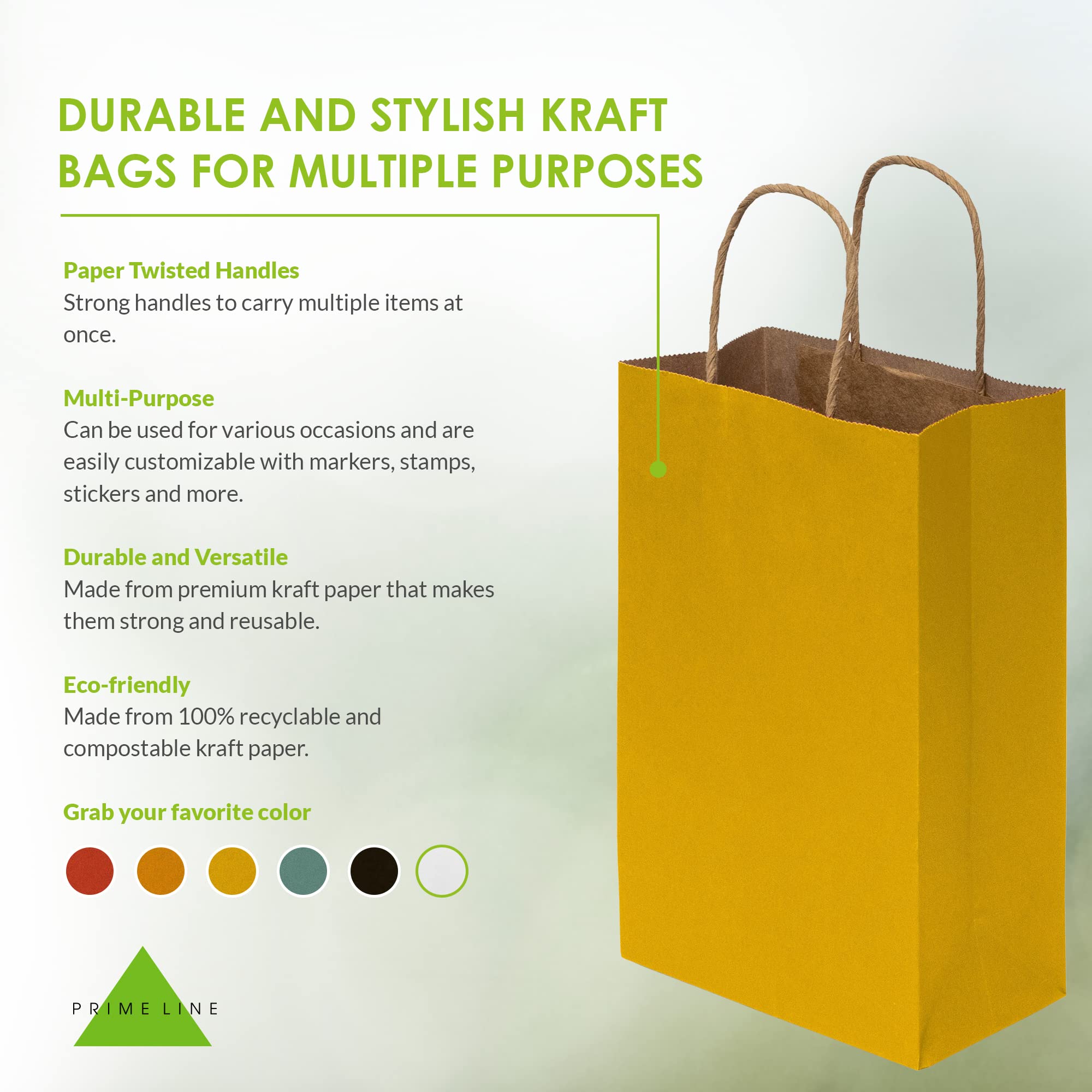 Yellow Gift Bags - 6x3x9 Inch 50 Pack Mustard Kraft Paper Shopping Bags with Handles, Small Craft Totes in Bulk for Boutiques, Small Business, Retail Stores, Birthday Parties, Jewelry, Merchandise, Bulk