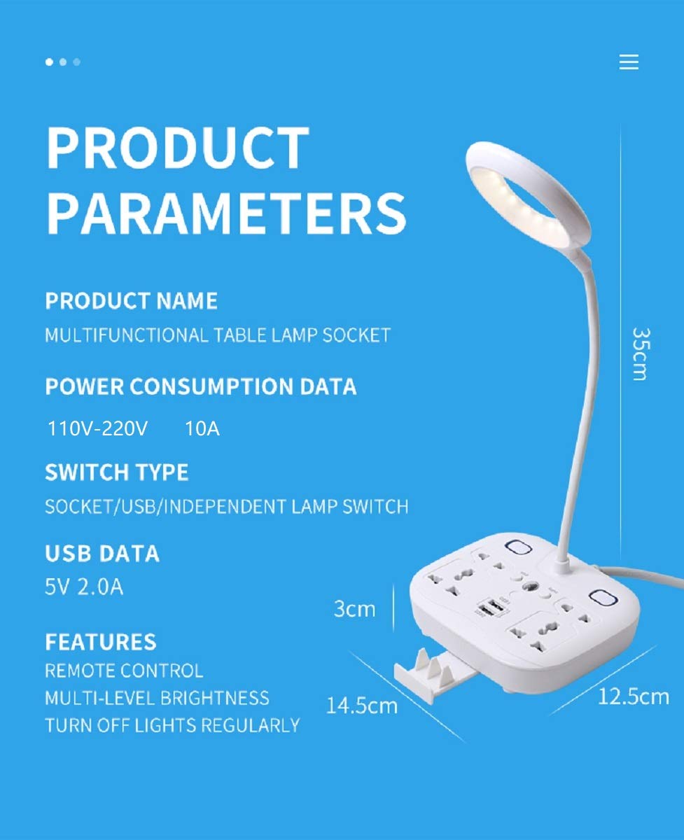 Nsiucion LED Desk Lamp, Adjustable Table Lamp Light with Remote Control, Eye-Caring Dimmable Office Lamp with 2 USB Charging Ports, 4 AC Power Outlets, Phone Stand, Multi Brightness Levels-White