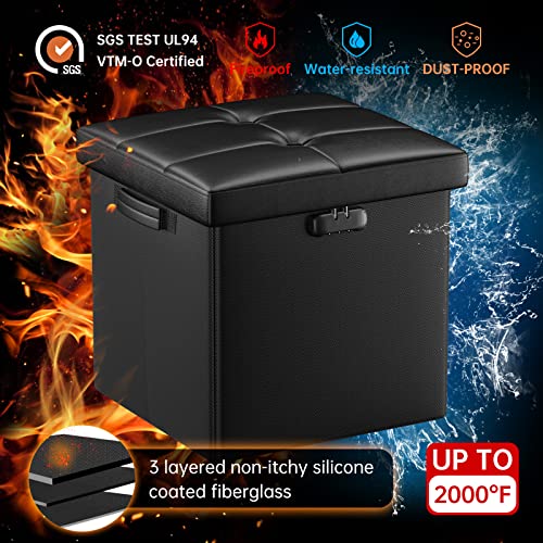 ENGPOW Storage Ottoman,Fireproof & Waterproof Folding Ottoman Cube Storage Stool with Lock,Leather Square Ottoman Storage Chest Safe for Living Room, Bedroom, Home Office,Dorm,15"x15"x15",Black