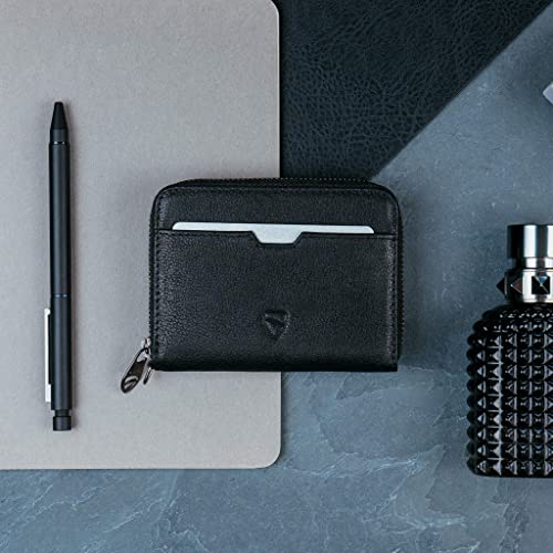 Vaultskin Minimalist Leather Zipper Wallet. Small RFID-Blocking Multi-Card Holder with Coin Compartment (Black) MAYFAIR