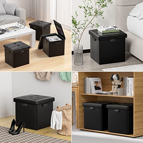 ENGPOW Storage Ottoman,Fireproof & Waterproof Folding Ottoman Cube Storage Stool with Lock,Leather Square Ottoman Storage Chest Safe for Living Room, Bedroom, Home Office,Dorm,15"x15"x15",Black