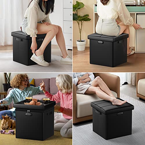 ENGPOW Storage Ottoman,Fireproof & Waterproof Folding Ottoman Cube Storage Stool with Lock,Leather Square Ottoman Storage Chest Safe for Living Room, Bedroom, Home Office,Dorm,15"x15"x15",Black