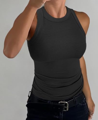 GEMBERA Womens Sleeveless Racerback High Neck Basic Ribbed Knit Fitted Tank Top Black S
