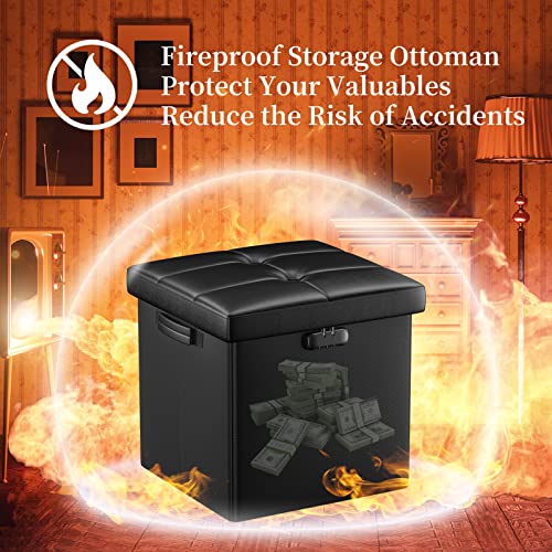 ENGPOW Storage Ottoman,Fireproof & Waterproof Folding Ottoman Cube Storage Stool with Lock,Leather Square Ottoman Storage Chest Safe for Living Room, Bedroom, Home Office,Dorm,15"x15"x15",Black