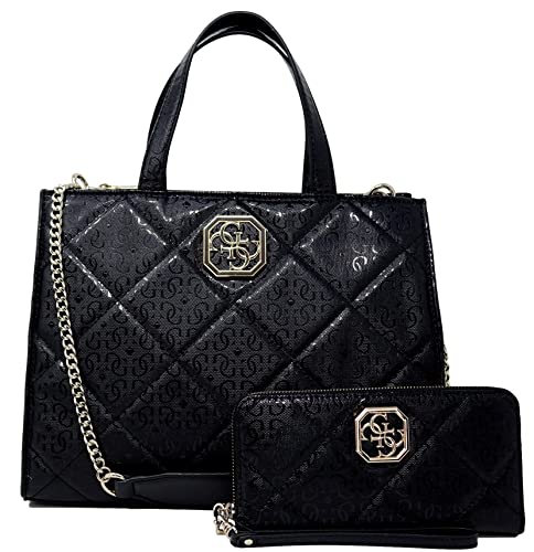 GUESS Women's Logo Patent Quilted Large Tote Bag Handbag & Wallet Set - Black