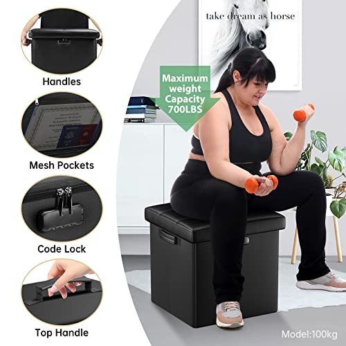 ENGPOW Storage Ottoman,Fireproof & Waterproof Folding Ottoman Cube Storage Stool with Lock,Leather Square Ottoman Storage Chest Safe for Living Room, Bedroom, Home Office,Dorm,15"x15"x15",Black