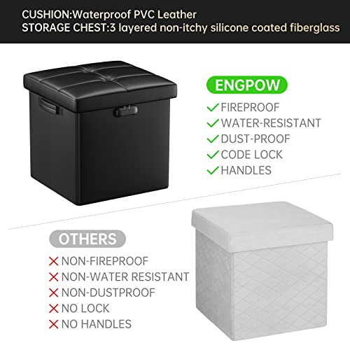 ENGPOW Storage Ottoman,Fireproof & Waterproof Folding Ottoman Cube Storage Stool with Lock,Leather Square Ottoman Storage Chest Safe for Living Room, Bedroom, Home Office,Dorm,15"x15"x15",Black