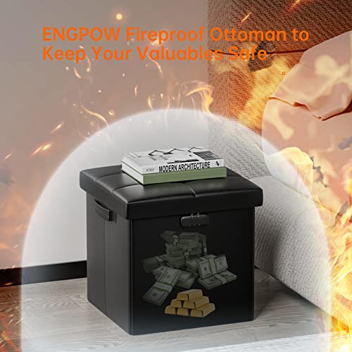 ENGPOW Storage Ottoman,Fireproof & Waterproof Folding Ottoman Cube Storage Stool with Lock,Leather Square Ottoman Storage Chest Safe for Living Room, Bedroom, Home Office,Dorm,15"x15"x15",Black