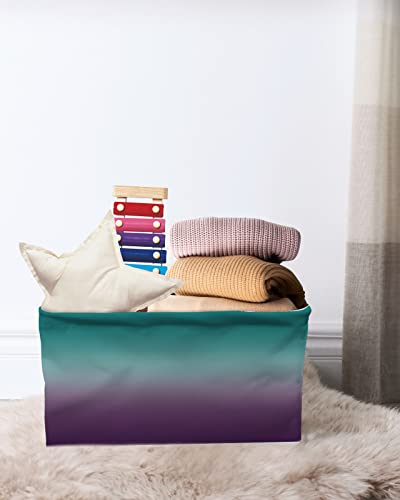 Teal Purple Ombre Storage Basket Waterproof Cube Storage Bin Organizer with Handles, Turquoise Gradient Modern Abstract Art Collapsible Storage Cubes Bins for Clothes Books Toys 15"x11"x9.5"