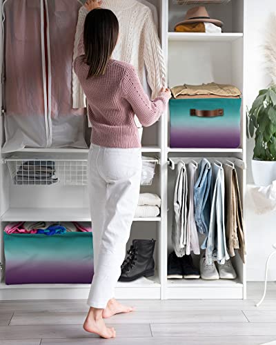 Teal Purple Ombre Storage Basket Waterproof Cube Storage Bin Organizer with Handles, Turquoise Gradient Modern Abstract Art Collapsible Storage Cubes Bins for Clothes Books Toys 15"x11"x9.5"