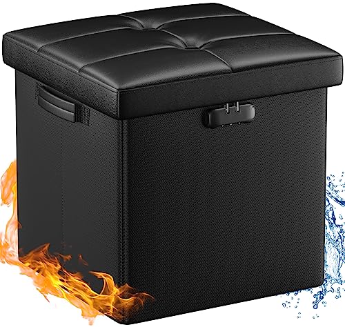 ENGPOW Storage Ottoman,Fireproof ＆ Waterproof Folding Ottoman Cube Storage Stool with Lock,Leather Square Ottoman Storage Chest Safe for Living Room, Bedroom, Home Office,Dorm,15"x15"x15",Black