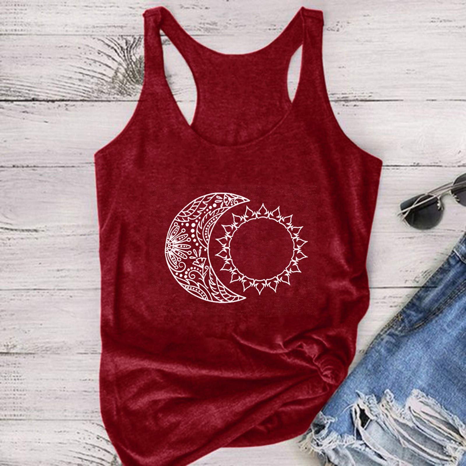Padaleks Sun Moon Printed Tank Top for Women Casual Sleeveless Graphic Tees Shirts Loose Blouse Tunic Tops Vest