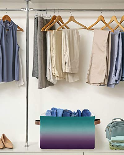 Teal Purple Ombre Storage Basket Waterproof Cube Storage Bin Organizer with Handles, Turquoise Gradient Modern Abstract Art Collapsible Storage Cubes Bins for Clothes Books Toys 15"x11"x9.5"