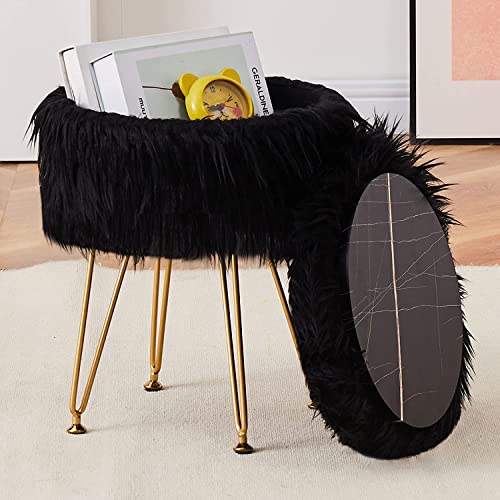 Mxfurhawa Faux Fur Storage Ottoman Round Furry Vanity Stool Marble Grain Tray Coffee Table Compact Footrest Stool with 4 Metal Legs Soft Makeup Seat Foot Stools for Living Room Bedroom Entryway Black