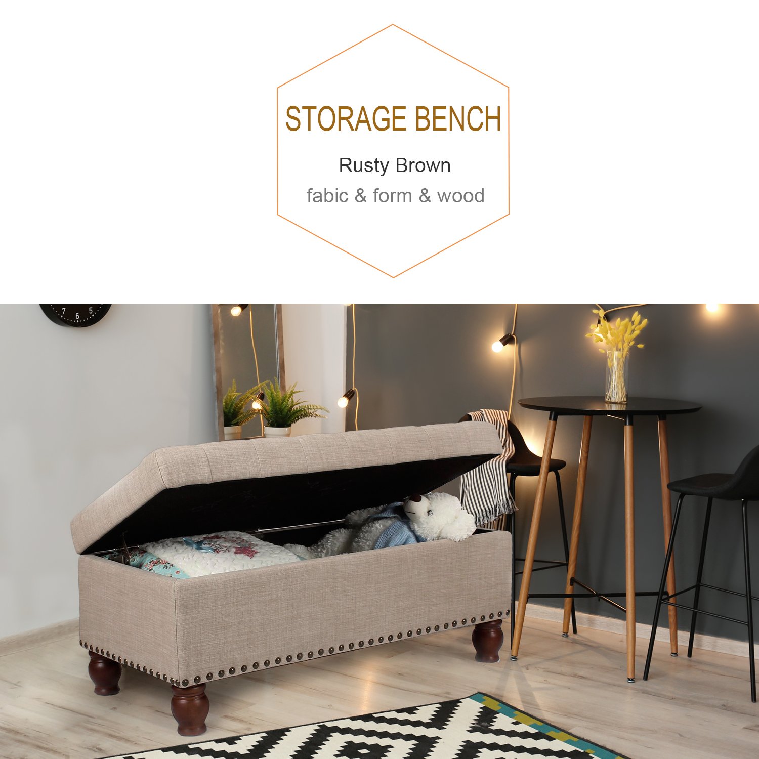 Asense Storage Ottoman Bench, 40'' Linen Fabric Rectangle Upholstered Bench with Hinged Lid for End Foot of Bed, Living Room, Bedroom, Noble Light Gray