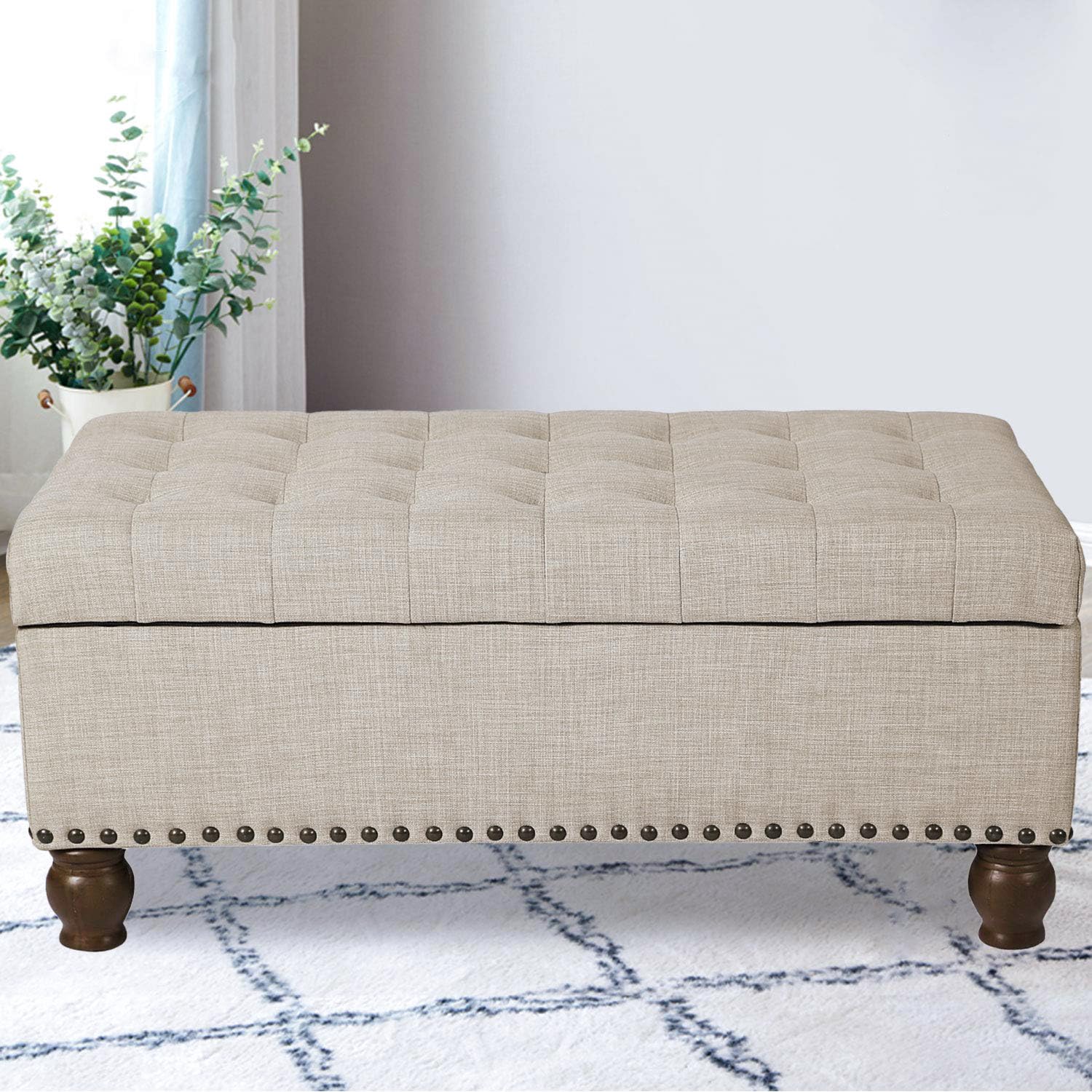 Asense Storage Ottoman Bench, 40'' Linen Fabric Rectangle Upholstered Bench with Hinged Lid for End Foot of Bed, Living Room, Bedroom, Noble Light Gray