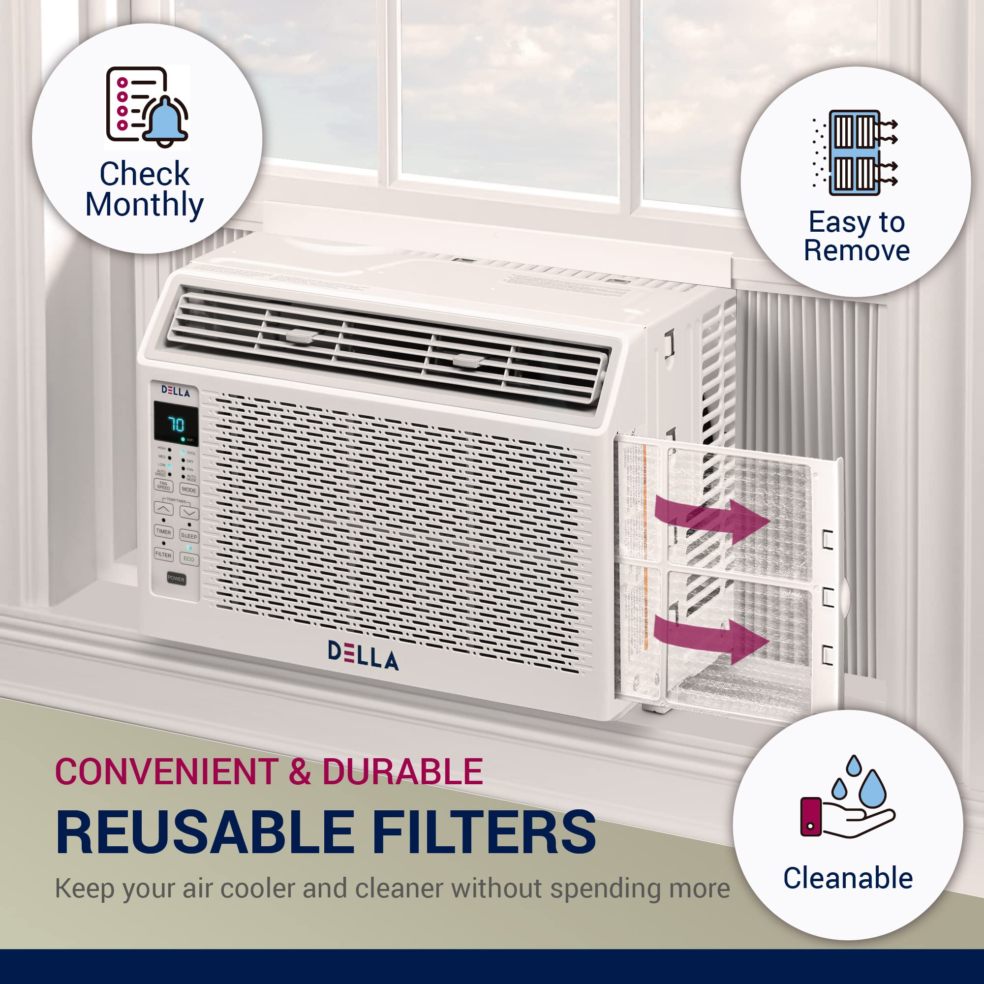 DELLA 6000 BTU 115V/60Hz Energy Saving Window Air Conditioner, Whisper Quiet AC Unit with WIFI Smart Controls, Remote, Dehumidifier, Fan, Cools Up to 250 Sq. Ft.