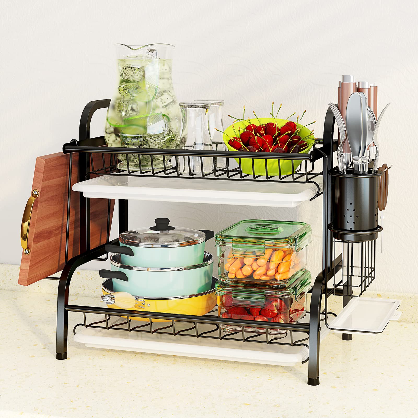 AIYAKA Dish Drying Rack, Stainless Steel 2-Tier Dish Rack Drainboard Set with Utensil Holder, Cutting Board Holder, for Kitchen Countertop Saving Space, Black