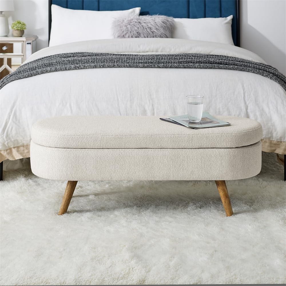 TRIPLE TREE 43.5" Storage Ottoman Bench with 250lb Seating, Linen Upholstered Wood Legs Safety Hinge Flip Top Oval Foot Rest Long Stool for Sofa Couch Bedroom End of Bed Living Room Entryway, Beige