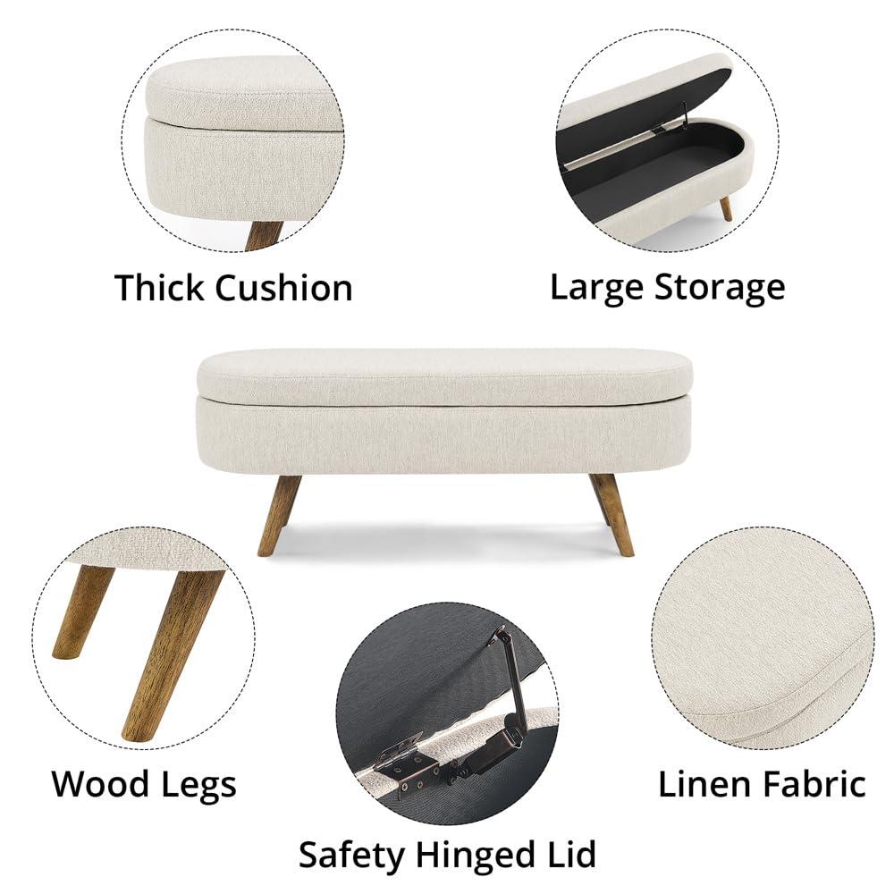 TRIPLE TREE 43.5" Storage Ottoman Bench with 250lb Seating, Linen Upholstered Wood Legs Safety Hinge Flip Top Oval Foot Rest Long Stool for Sofa Couch Bedroom End of Bed Living Room Entryway, Beige