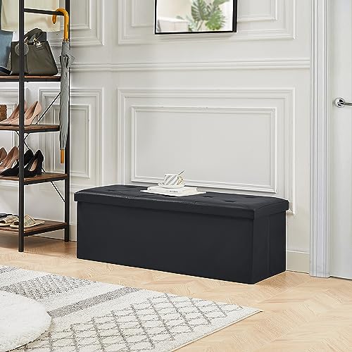 VECELO 43'' Folding Storage Ottoman, End of Bed Bench, Tufted Faux Leather Chest for Living Room, Utility Room, Hallway, Holds up to 660 lb, Easy to Assemble, Black