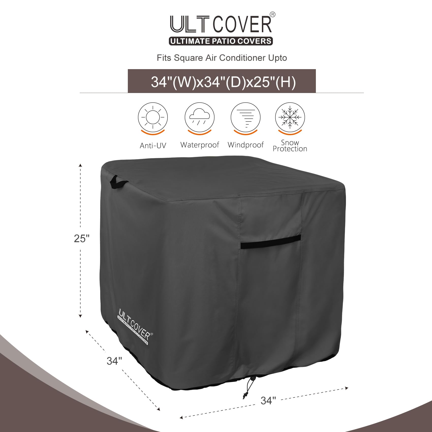 ULTCOVER Waterproof Square Air Conditioner Cover for Outside AC Units Size Upto 34W x 34D x 25H inch, Black
