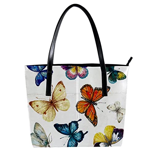 Women Tote Shoulder Bag, Vintage Colorful Butterflies jpg Leather Work Handbag with Zipper for Teens College Students