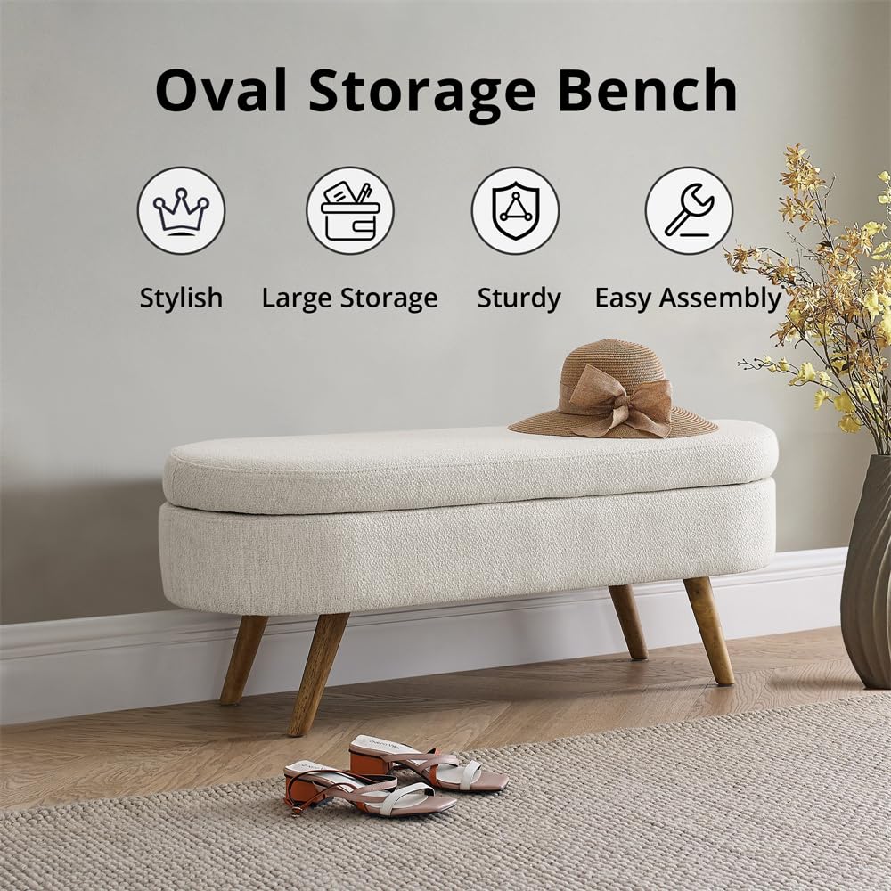 TRIPLE TREE 43.5" Storage Ottoman Bench with 250lb Seating, Linen Upholstered Wood Legs Safety Hinge Flip Top Oval Foot Rest Long Stool for Sofa Couch Bedroom End of Bed Living Room Entryway, Beige